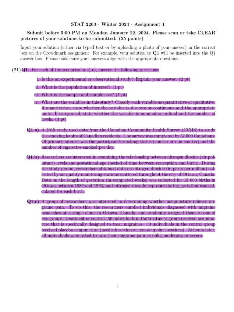 Assignment 1 STAT2263 | PDF | Histogram | Categorical Variable