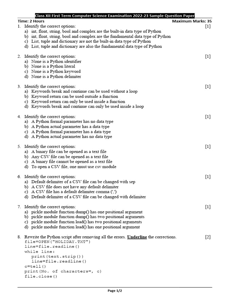 12CS T1 2022SQP | PDF | Parameter (Computer Programming) | Comma Separated Values