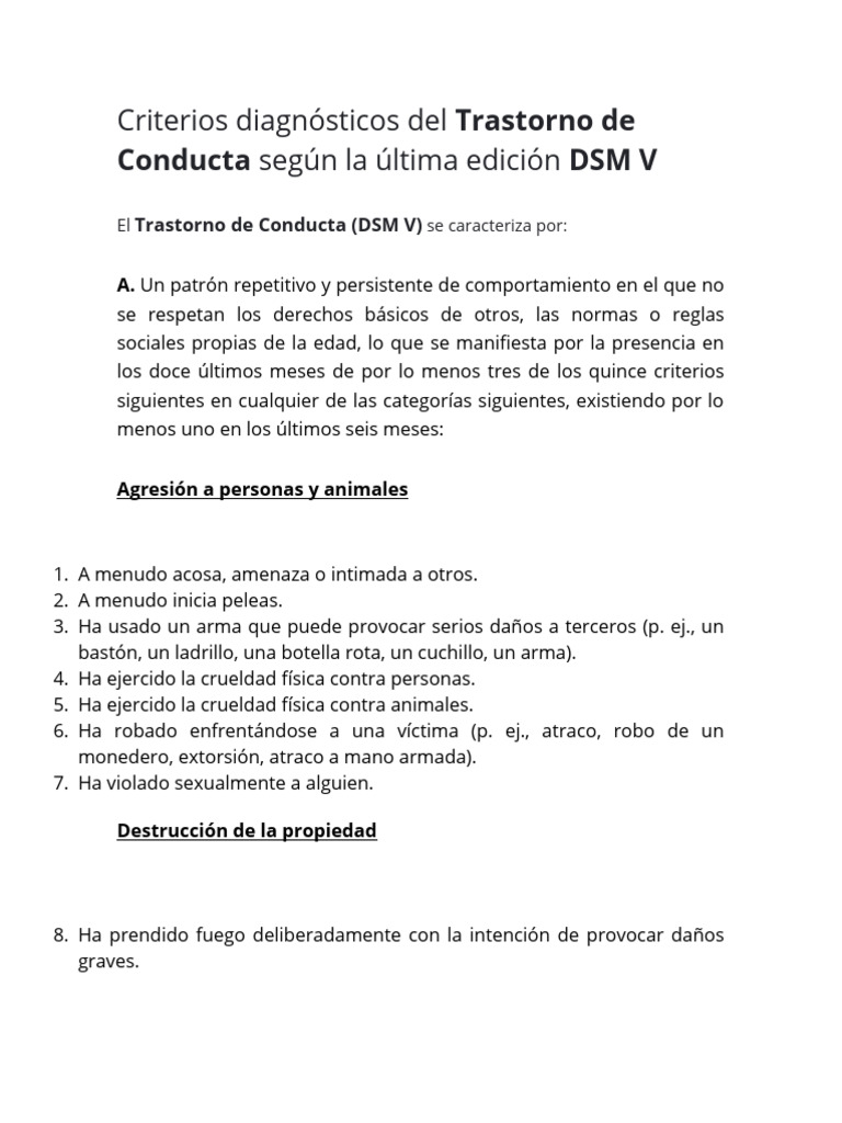 Criterios del Trastorno de Conducta DSM V | PDF | Comportamiento ...