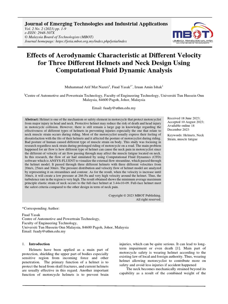 Effects of Aerodynamic Characteristic at Different Velocity For Three Different Helmets and Neck ...