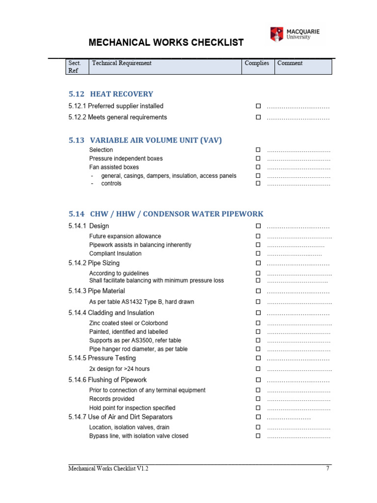 Mechanical Works Checklist | PDF | Chemical Engineering | Civil Engineering