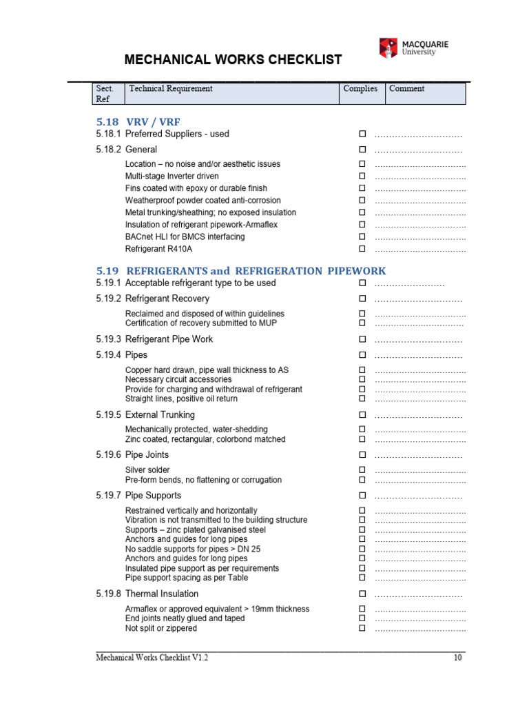 Mechanical Works Checklist | PDF | Pipe (Fluid Conveyance) | Industrial ...