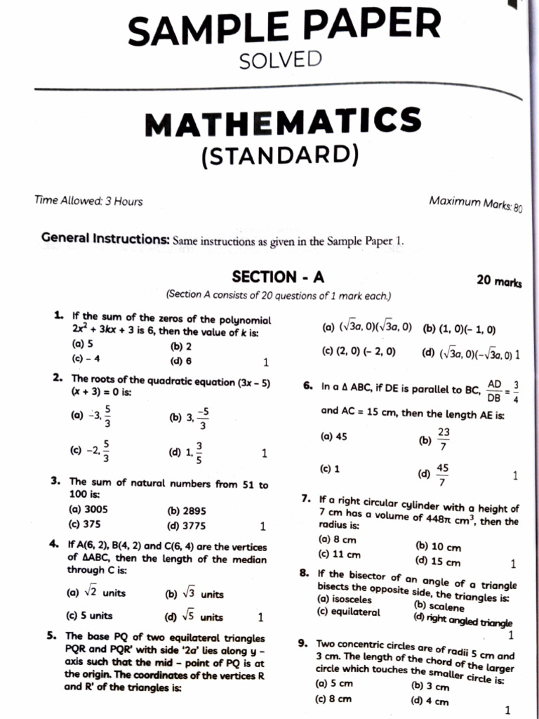 Sample Paper Math 2022-23 | PDF | Triangle | Circle