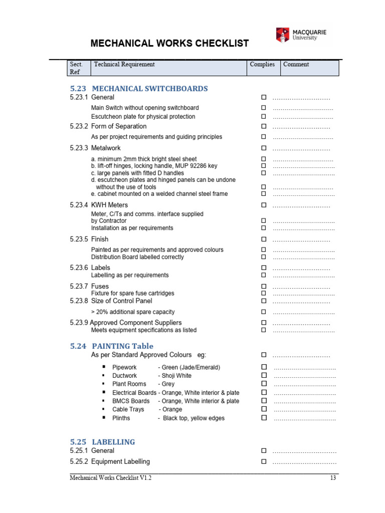 Mechanical Works Checklist | PDF | Equipment | Manufactured Goods