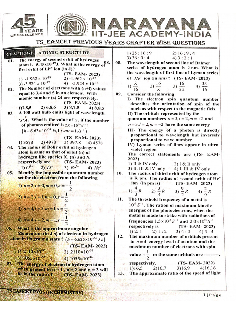 Eamcet Pyqs Chemistry Chapterwise | PDF
