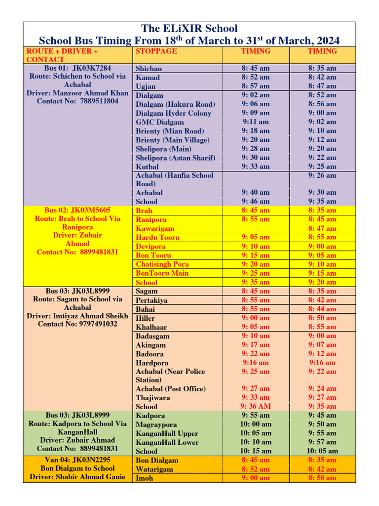 ELiXIR School Bus Schedule March 2024 | PDF | Road Transport | Service ...