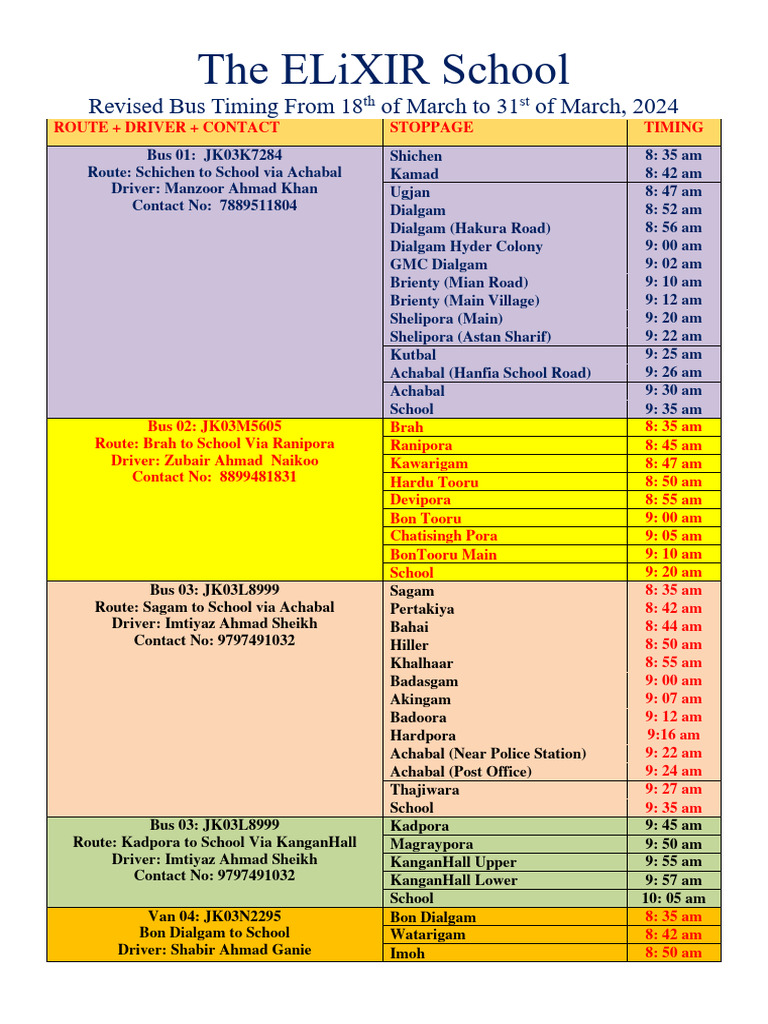 ELiXIR School Bus Schedule March 2024 | PDF | Bus Transport | Transport