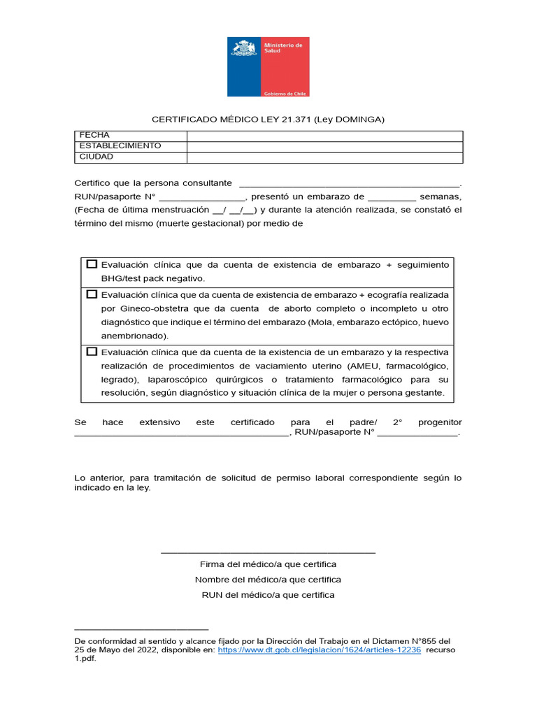 CERTIFICADO MÉDICO Ley Dominga | PDF