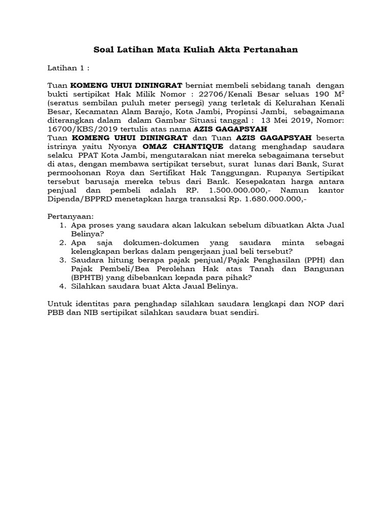Soal Latihan Mata Kuliah Akta Pertanahan | PDF