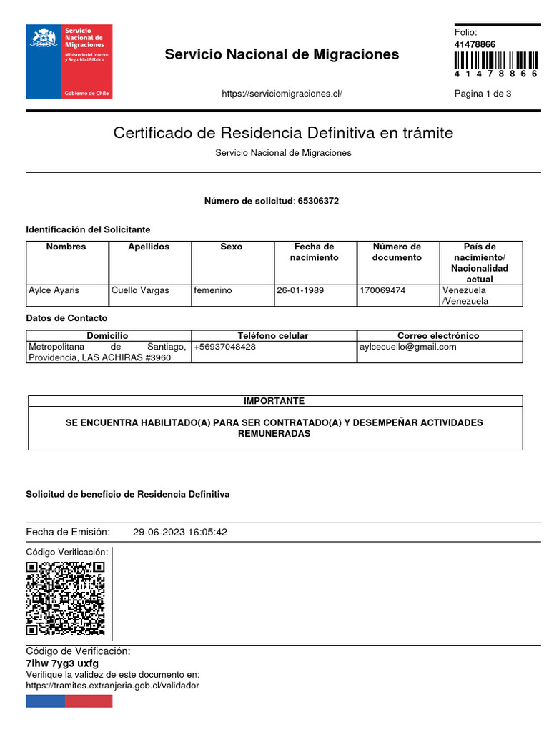 Certificado de Residencia Definitiva en Trámite: Servicio Nacional de ...