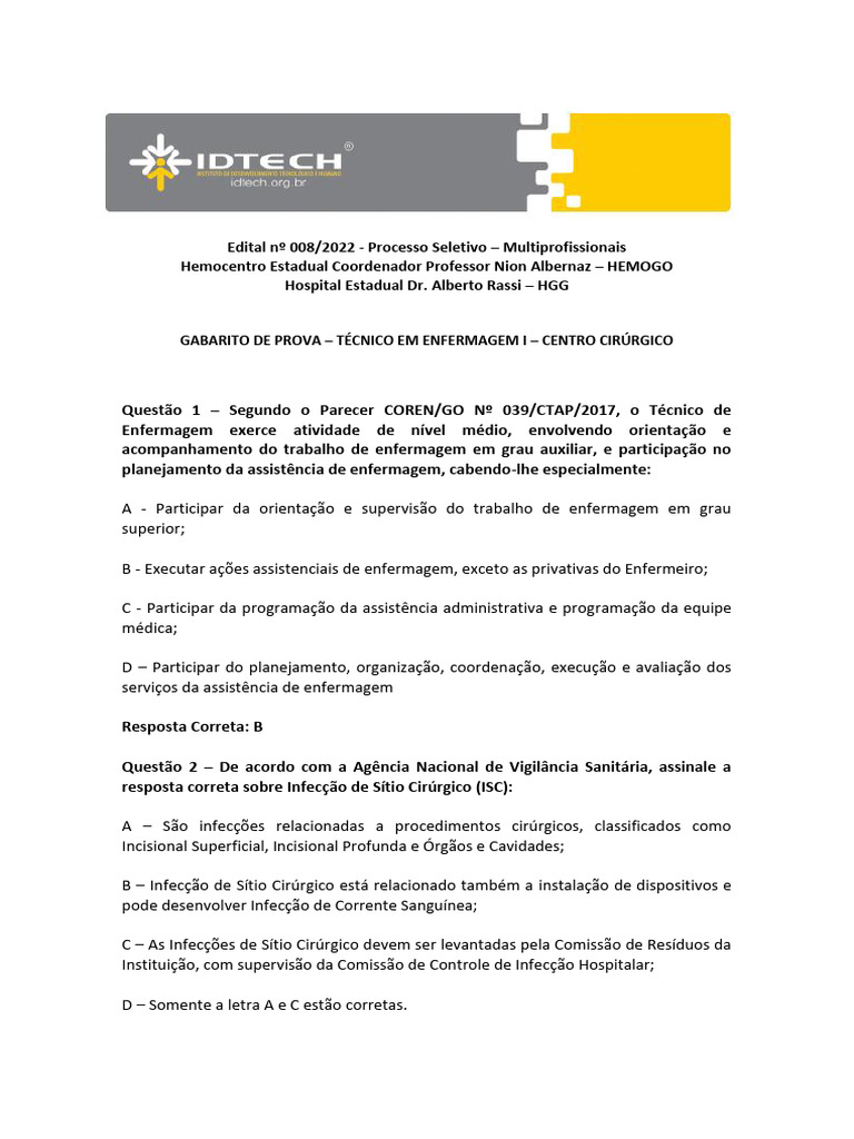 Gabarito de Prova - Tecnico em Enfermagem Centro Cirúrgico | Download ...