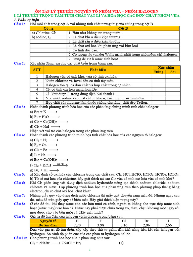 10 Sinh - Đê Bài - On Tap Lý Thuyet - CHƯƠNG 7 - HALOGEN | PDF