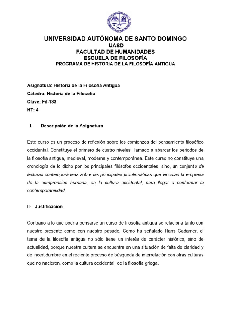 Programa FIL 133 Historia de La FilosofiÌ A Antigua | PDF