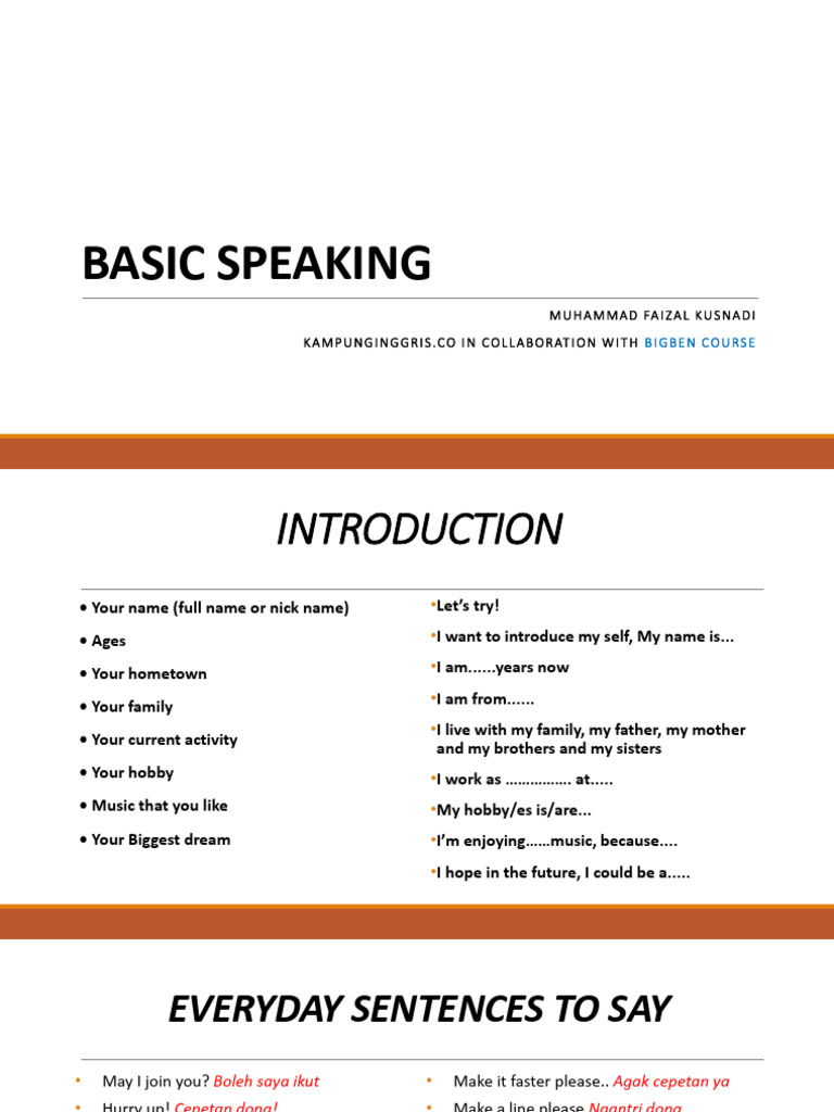 #1 Basic Speaking Day 1 Introduction | PDF