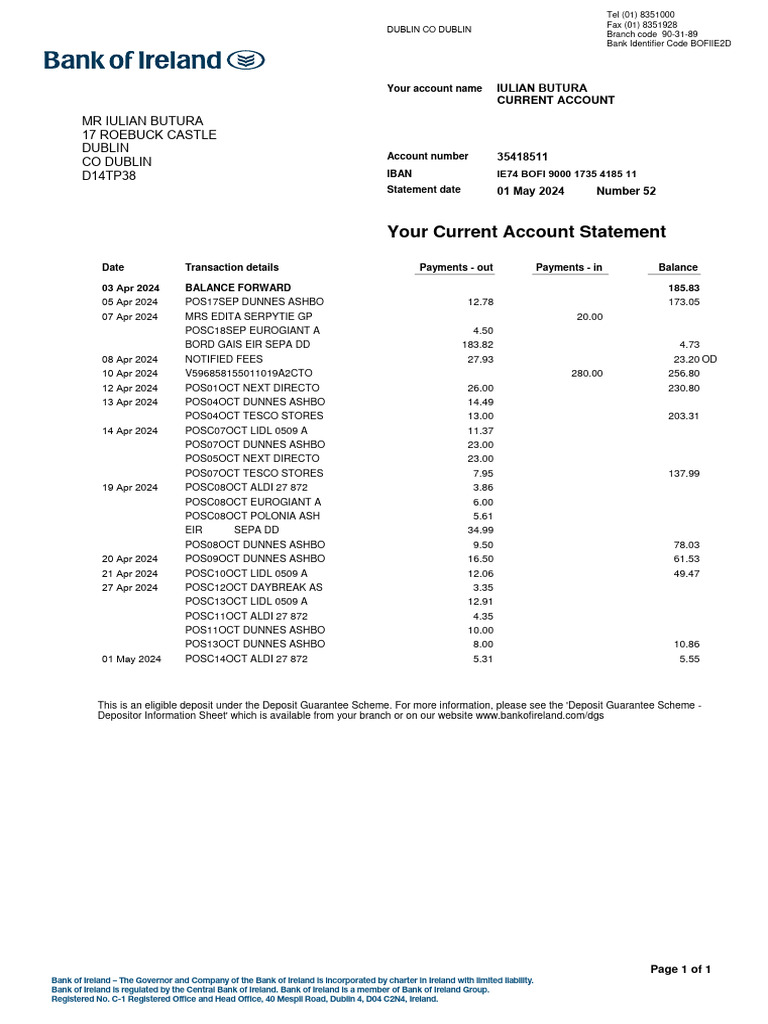 Your Current Account Statement: R Iulian Butura 17 Roebuck Castle Dublin Co Dublin D14TP38 ...