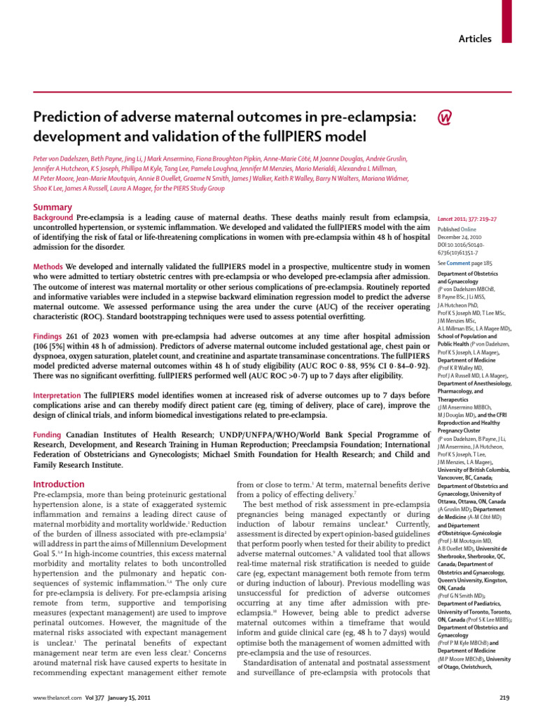 Prediction of Adverse Maternal Outcomes in Preeclampsia. Development and Validation of The ...