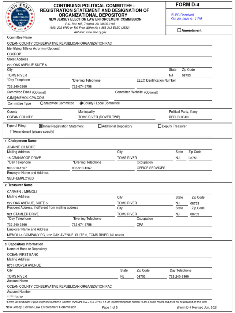 NJ Election Law Enforcement Commission (ELEC) Filing by Ocean County ...