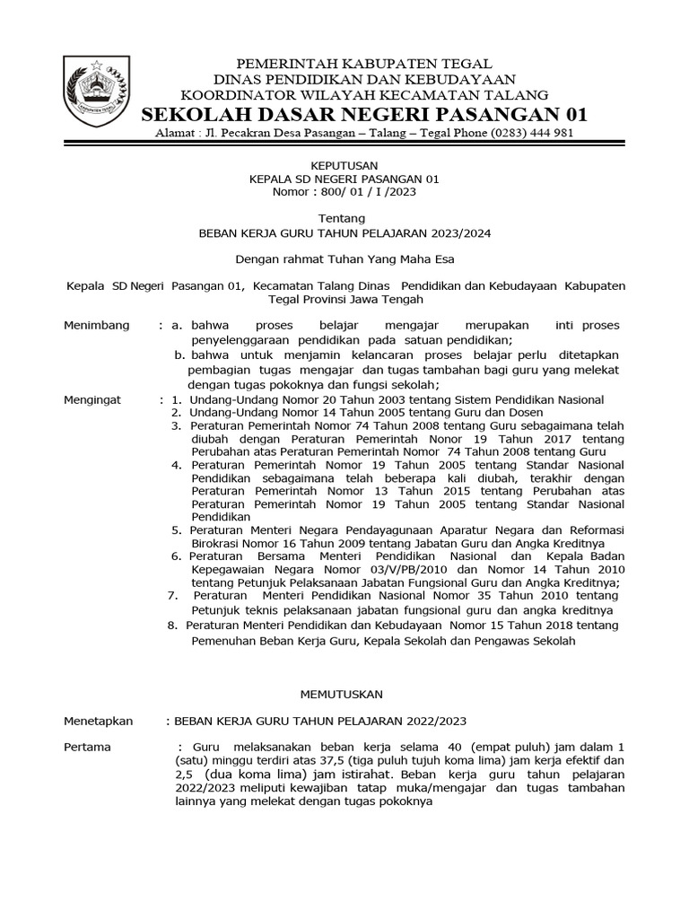 SK (Surat Keputusan) Beban Mengajar SD | PDF