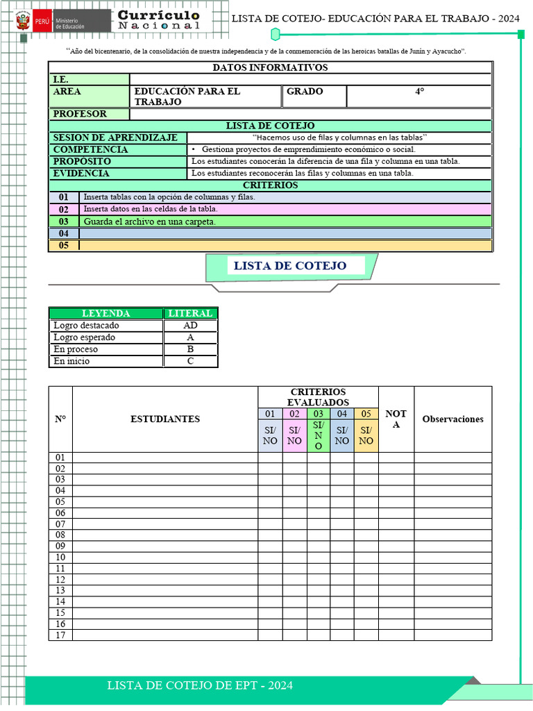 Lista de Cotejo EPT 2024 | PDF