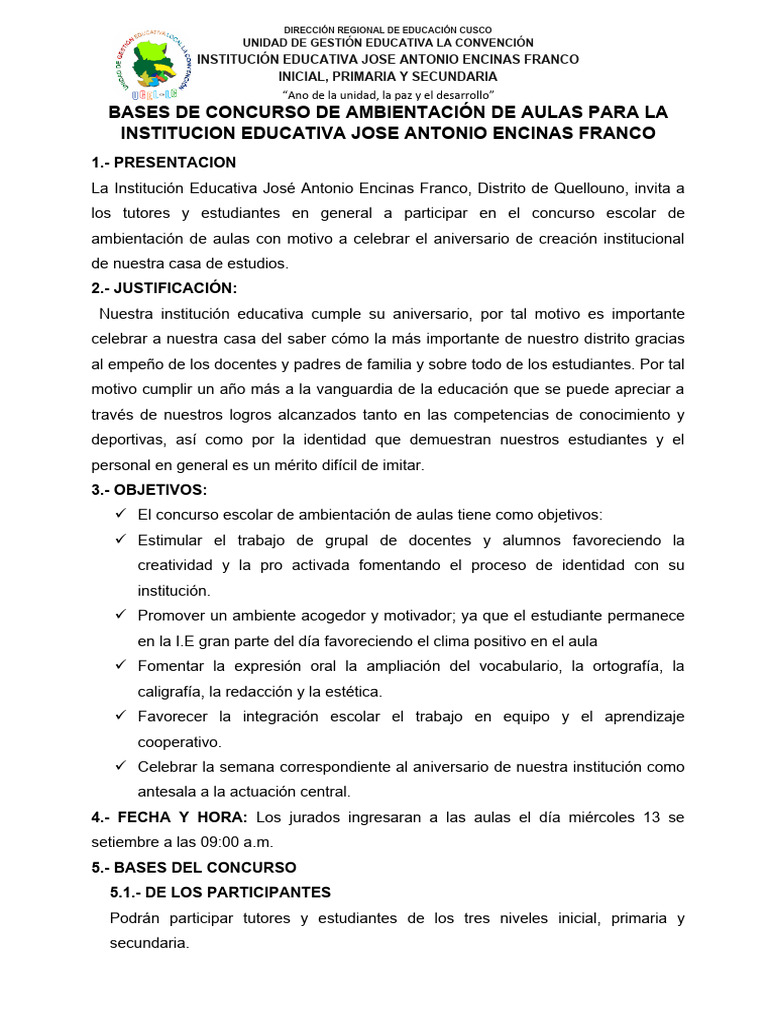 Bases de Concurso de Ambientacion de Aula | Descargar gratis PDF | Salón de clases | Aprendizaje