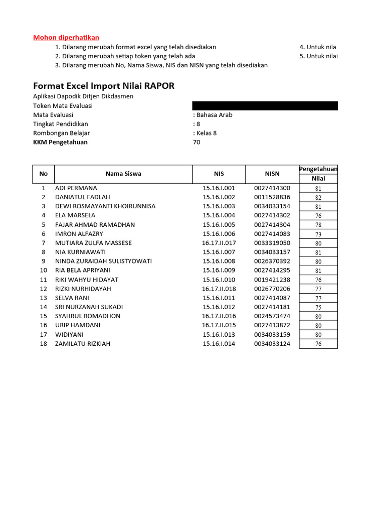 Format Nilai Rapor 20161 Kelas 8 Bahasa Arab | PDF