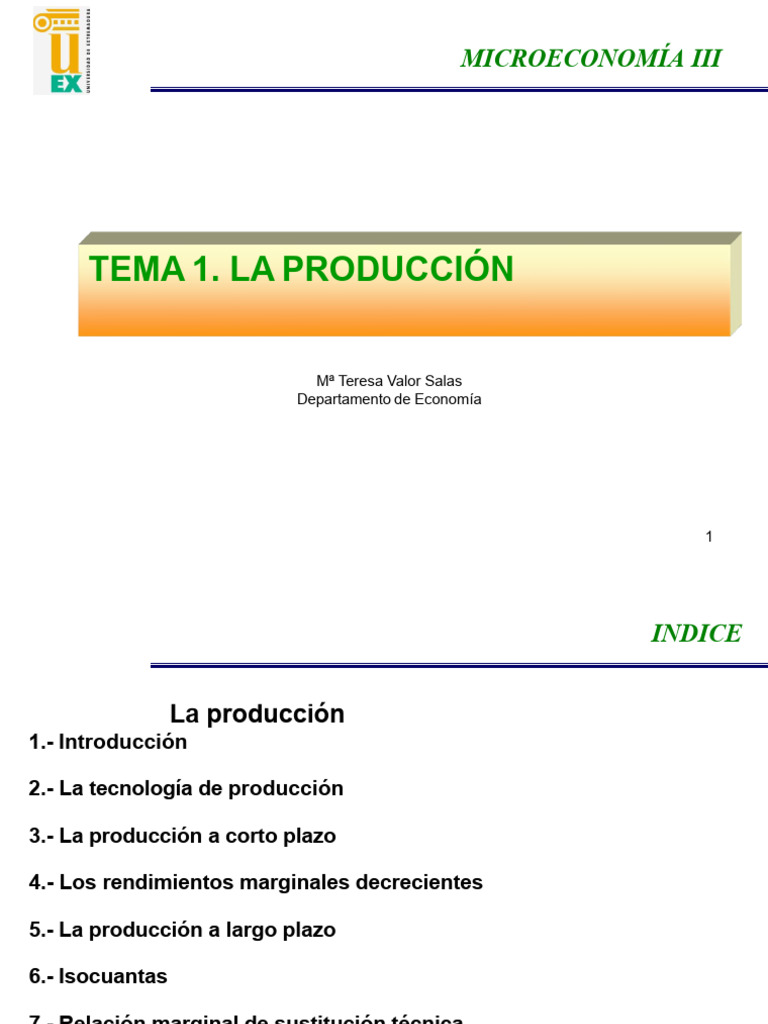 Diapositivas Tema 1 Parte I Producción A Corto Plazo | PDF | Función de producción | Factores de ...