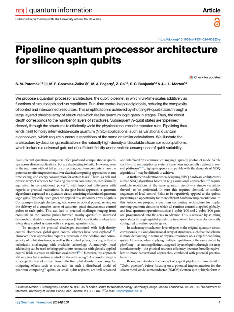 Pipeline Quantum Processor Architecture For Silico | PDF | Quantum Computing | Quantum Mechanics