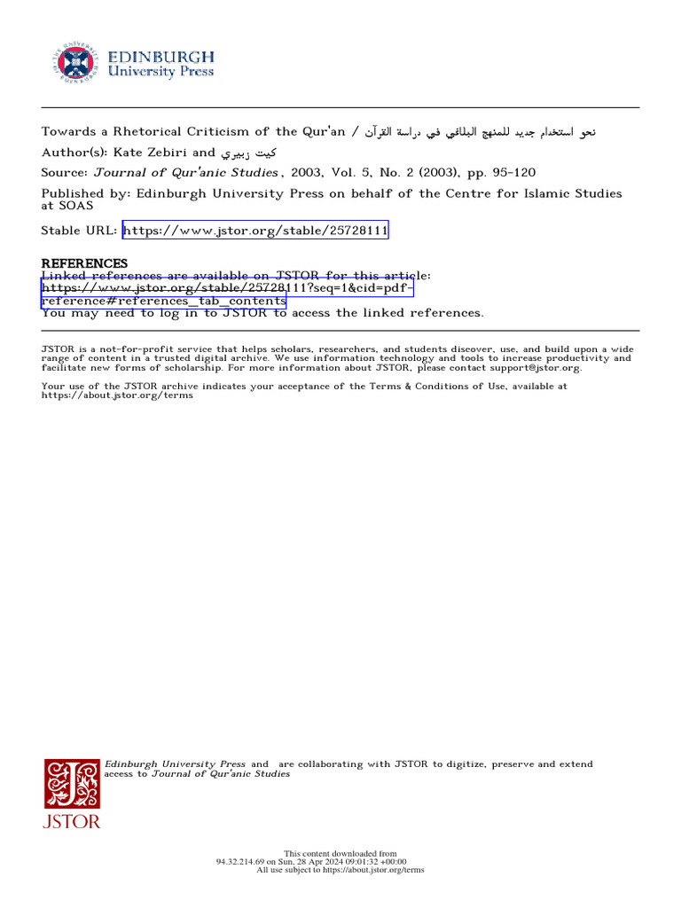 Zebiri TowardsRhetoricalCriticism 2003 | PDF | Rhetoric | Quran