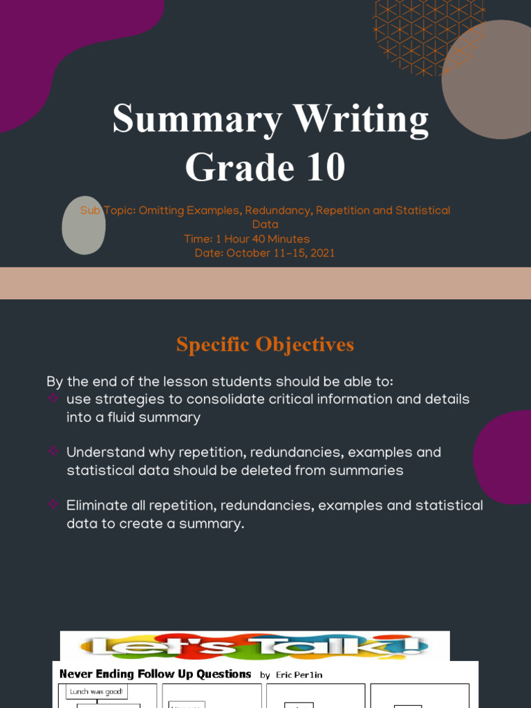 2021 Grade 10 Lesson Plan #5 Omitting Repetition, Redundancy, Examples ...