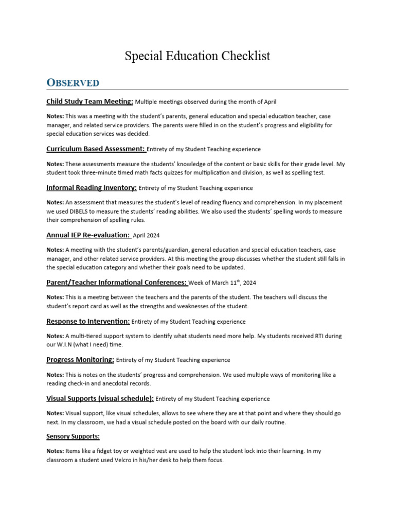 Special Education Checklist | Download Free PDF | Special Education ...