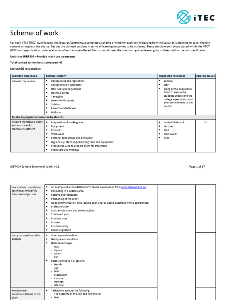 36473-IUBT404 Sample Scheme of Work v1 | PDF | Lymph | Nail (Anatomy)