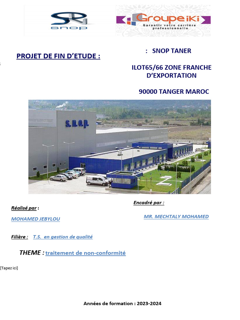 Projet SNOP Tanger : Qualité et Organisation | PDF | Management de la ...