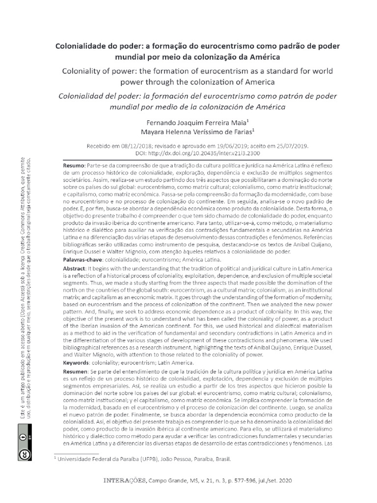 Colonialidade Do Poder - A Formação Do Eurocentrismo Como Padrão de ...