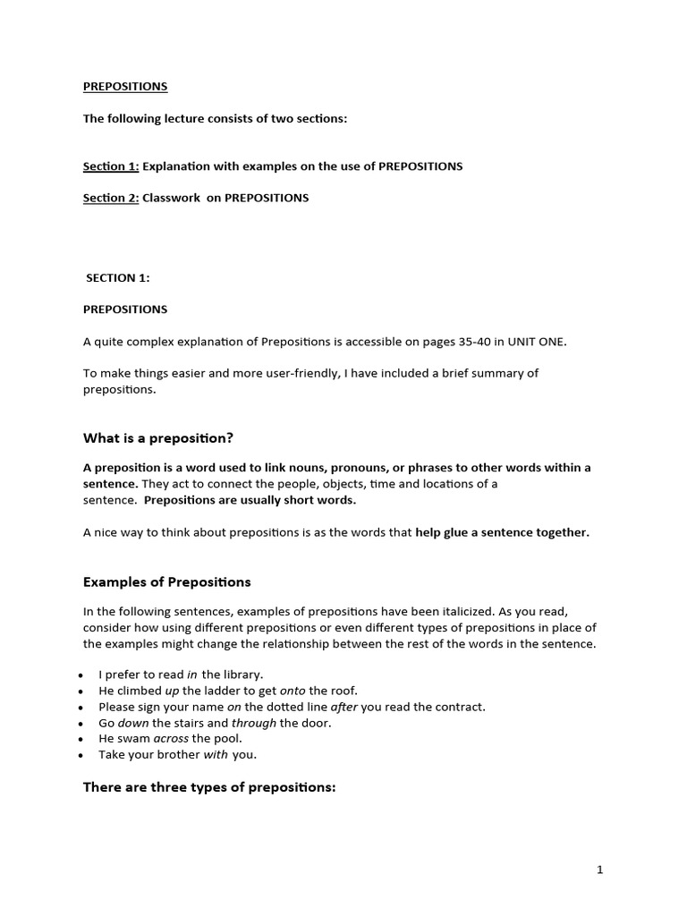 Prepositions Pdf Preposition And Postposition Word