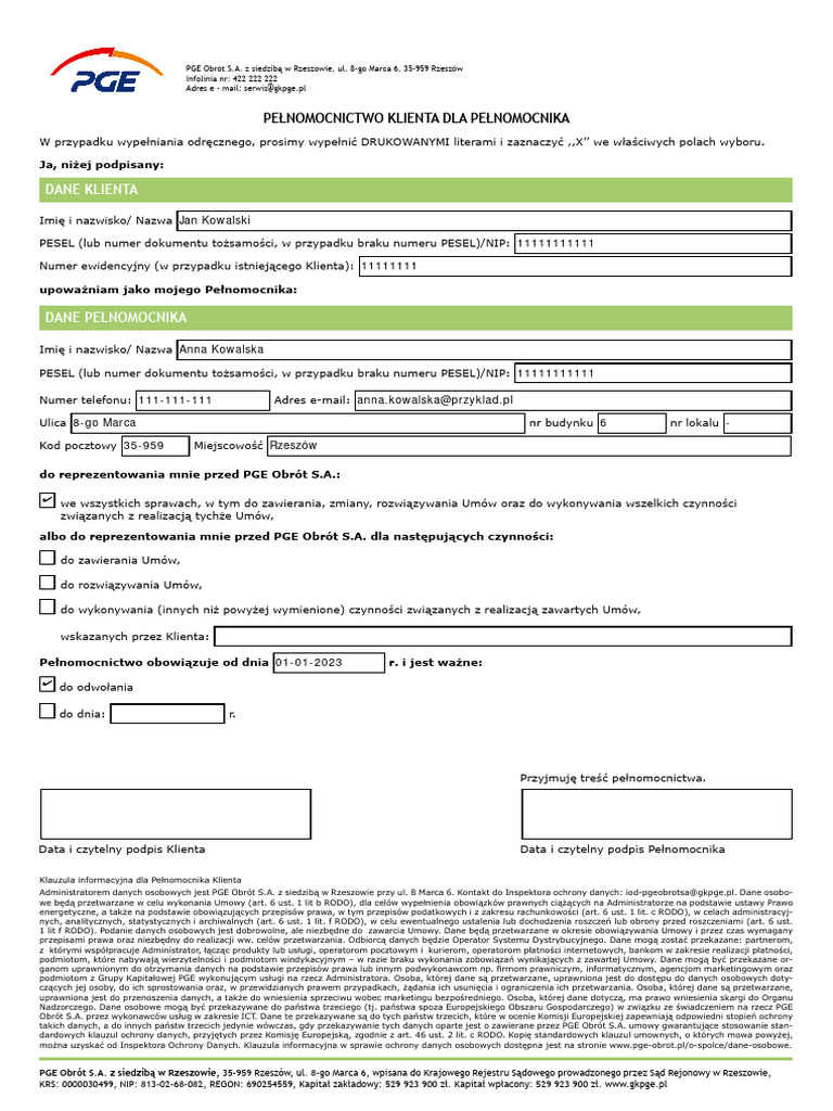 Pelnomocnictwo Klienta Dla Pelnomocnika Wzor | PDF