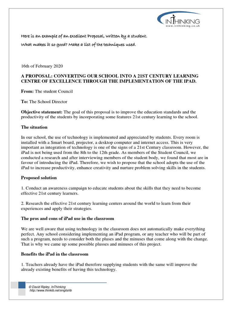 Student Proposal Handout | PDF | Classroom | I Pad