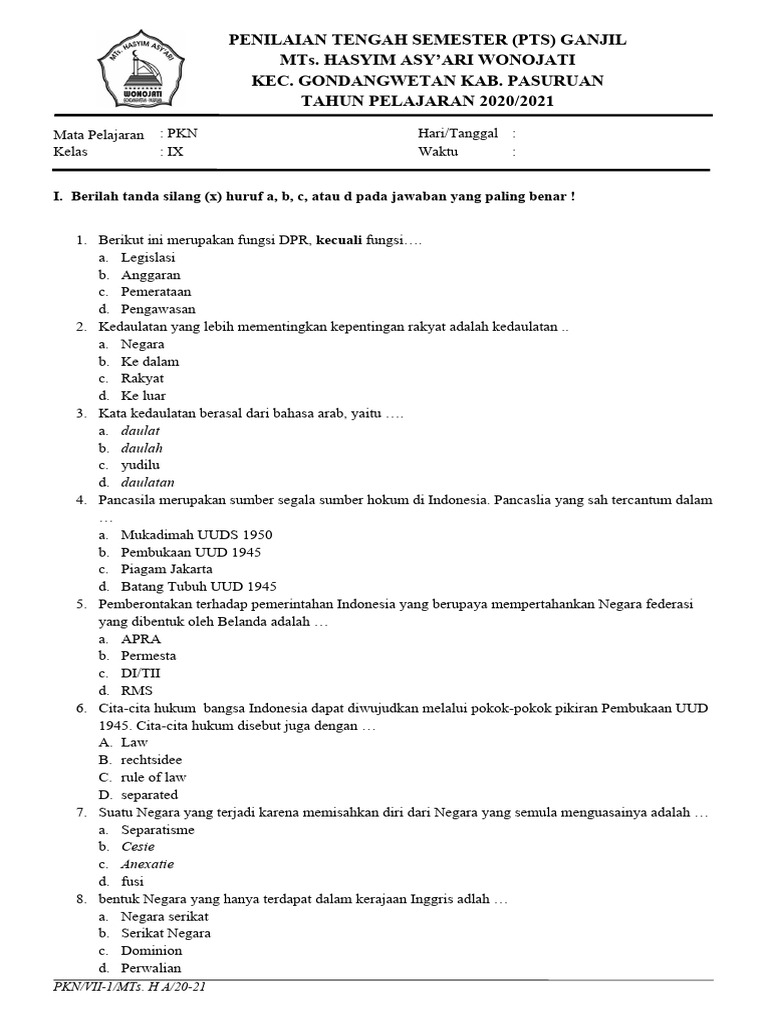 PAS PKN GANJIL 20-21 Kelas 9 | PDF