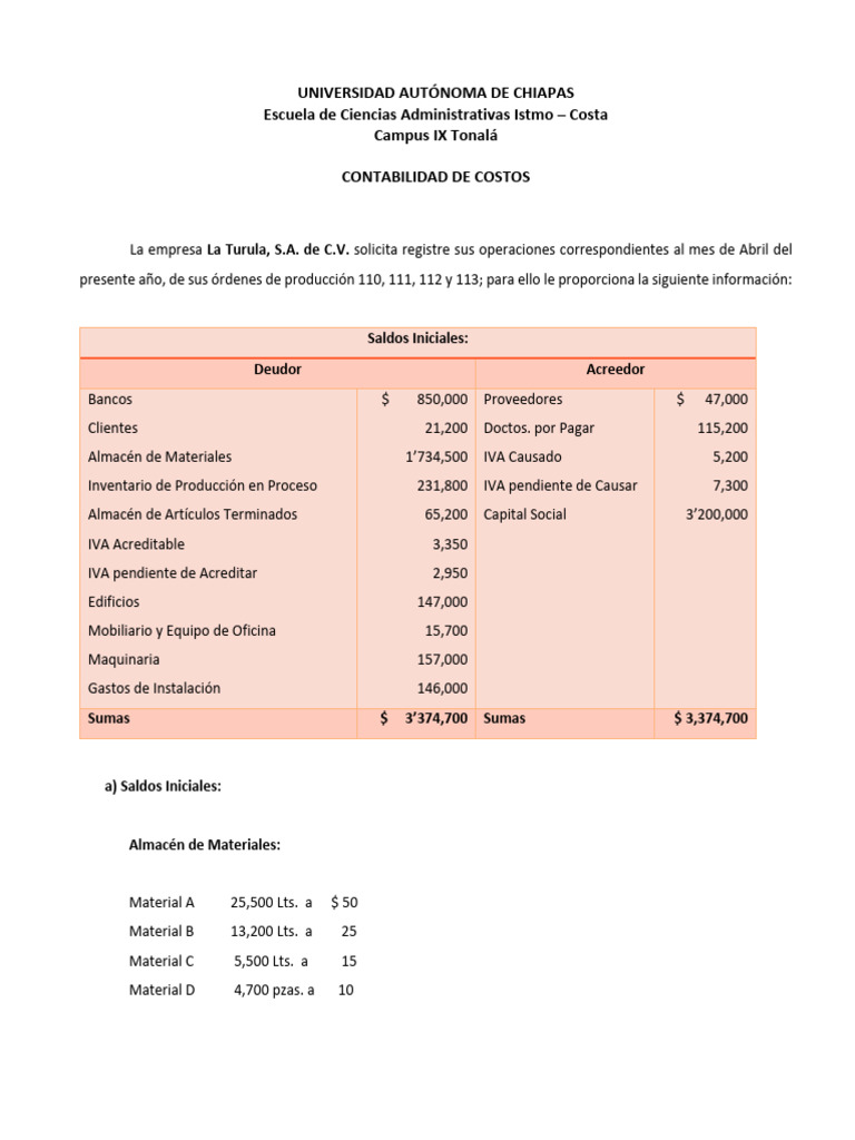 Caso Práctico Costos. La Turula, S.A. de C.V. | PDF | Bancos ...