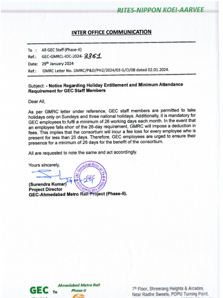 3361 Notice Regarding Holiday Entitlement and Minimum Attendance ...