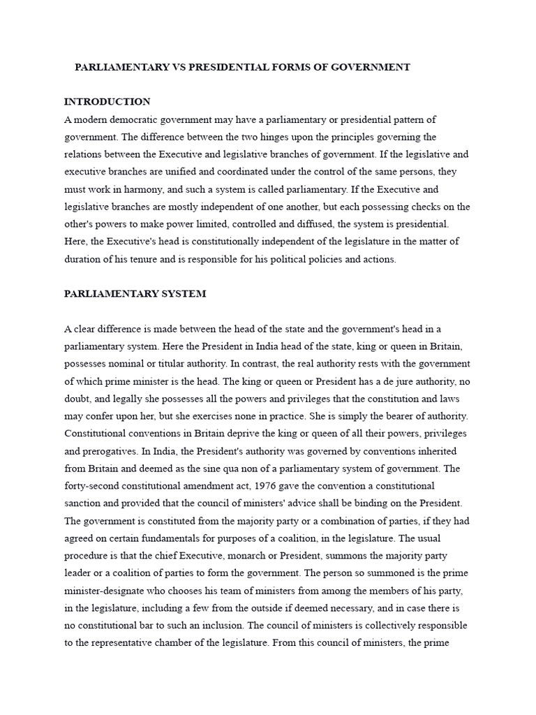 Parliamentary VS Presidential Forms of Government | PDF | Cabinet ...