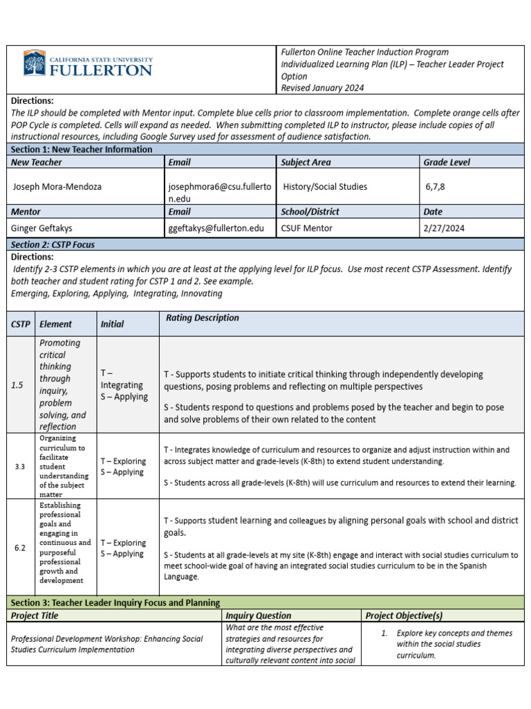 Teacher Induction ILP for Social Studies | PDF | Inquiry Based Learning ...