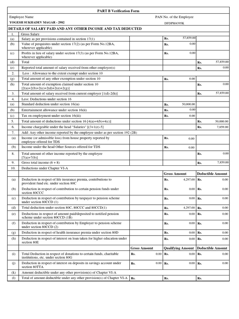 Form16 2982 | PDF | Tax Deduction | Employee Benefits