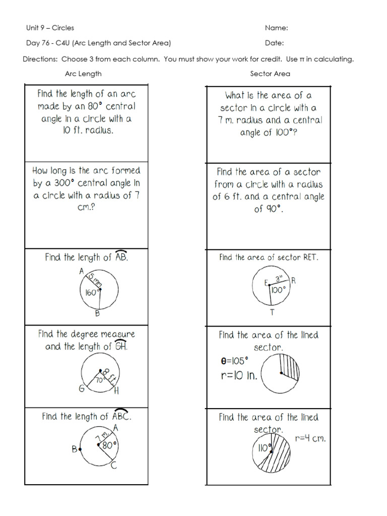 Arc Length and Sector Area Practice | PDF