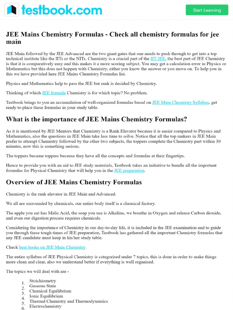 JEE Mains Chemistry Formulas - Check All Chemistry Formulas For Jee ...