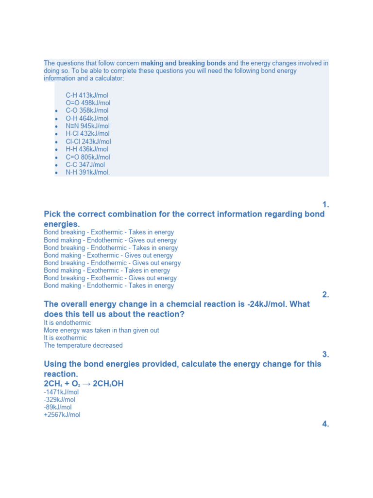 Bond Energy Chemistry Questions 2 | PDF | Chemical Reactions | Chemical ...