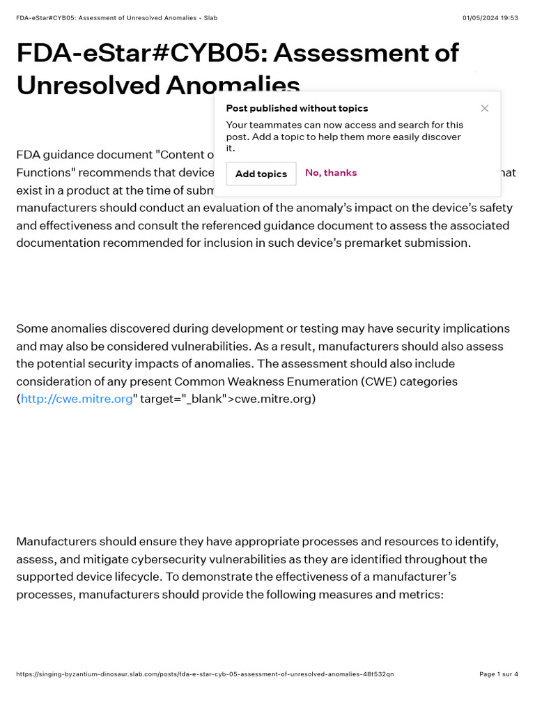 FDA-eStar#CYB05: Assessment of Unresolved Anomalies - Slab | PDF ...