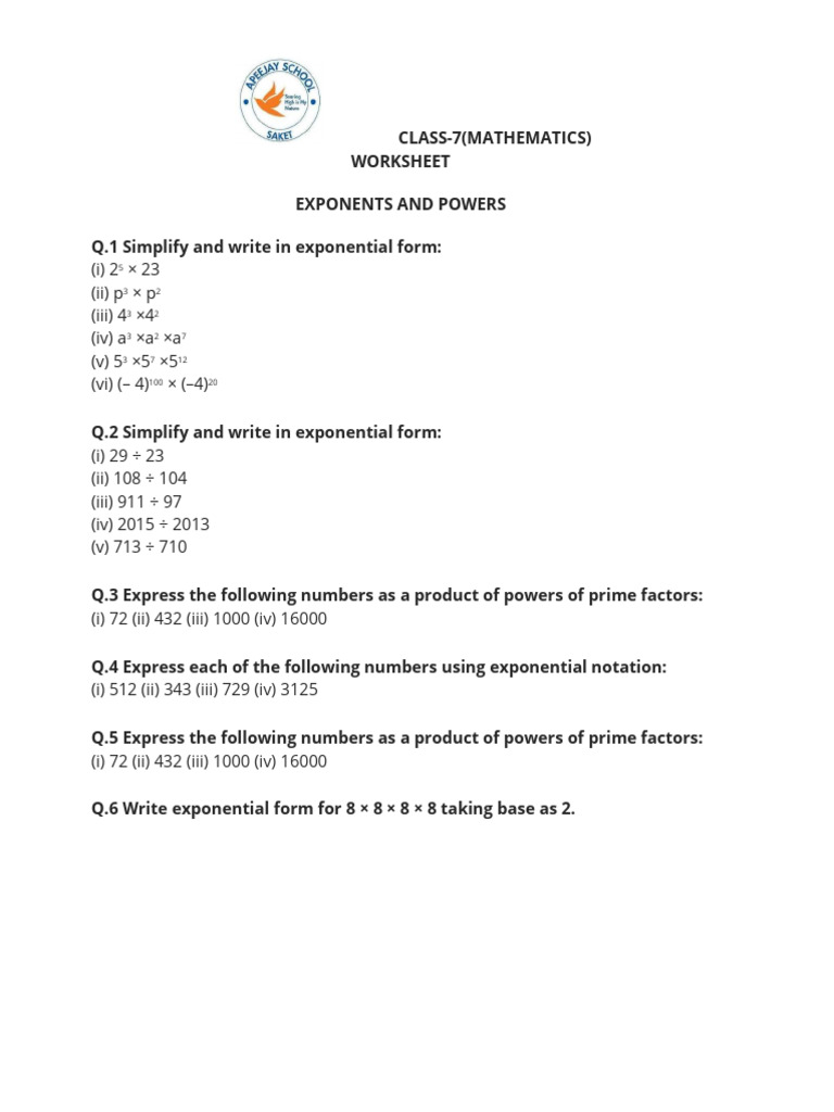 Class 7 Exponents and Powers Worksheet | PDF