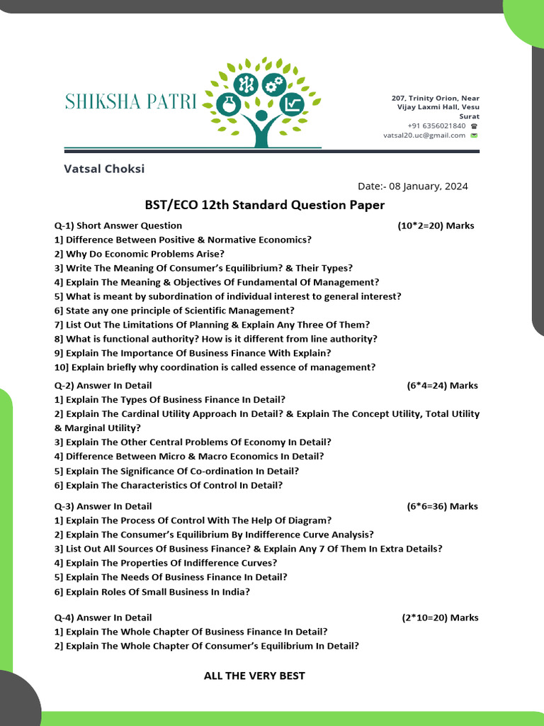 Eco & BST Exam Paper (Class Test 100 Marks) (Shiksha Patri) | Download ...