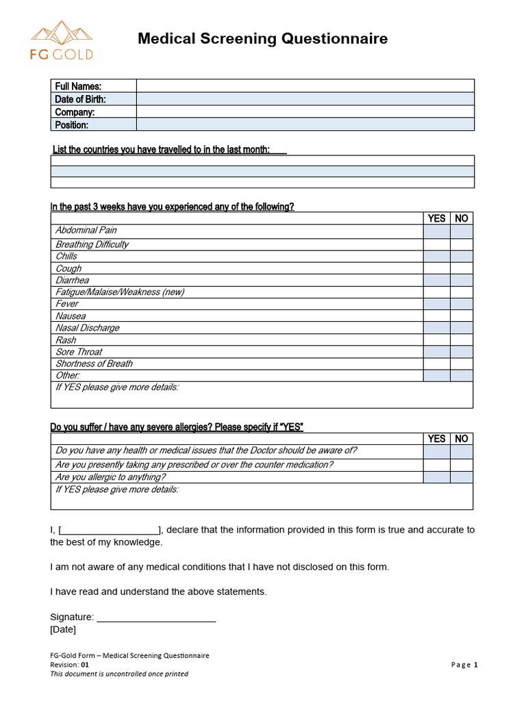 FGG HSE V1.00 FOR073 Medical Screening Questionnaire | PDF