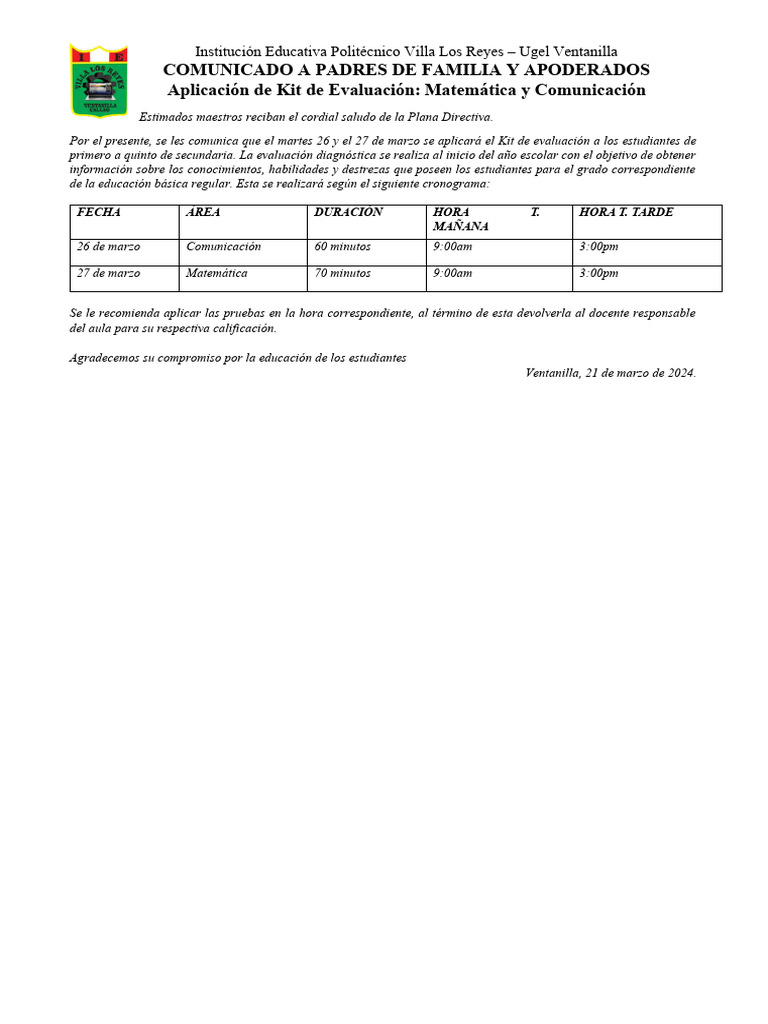 Comunicado - KIT Evaluación Diagnóstico 2024 | PDF